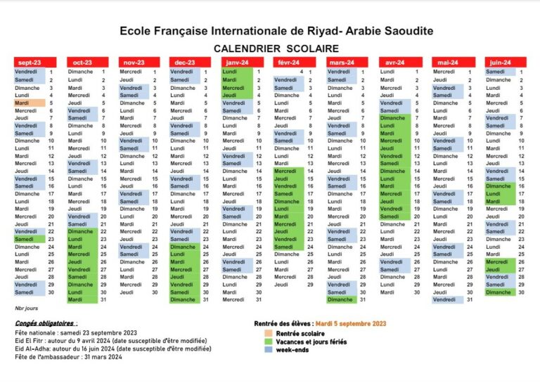 Calendrier scolaire - Ecole Francaise internatioale de Riyad