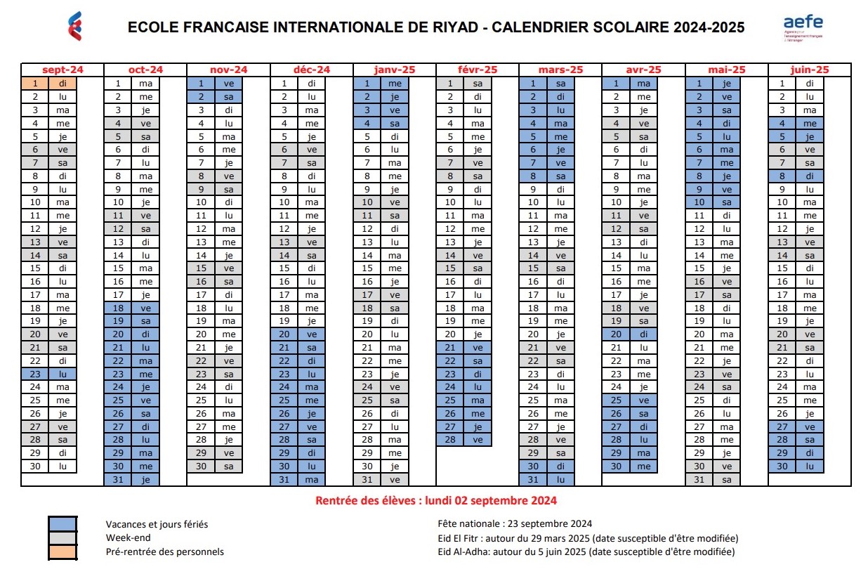 Calendrier scolaire - Ecole Francaise internatioale de Riyad